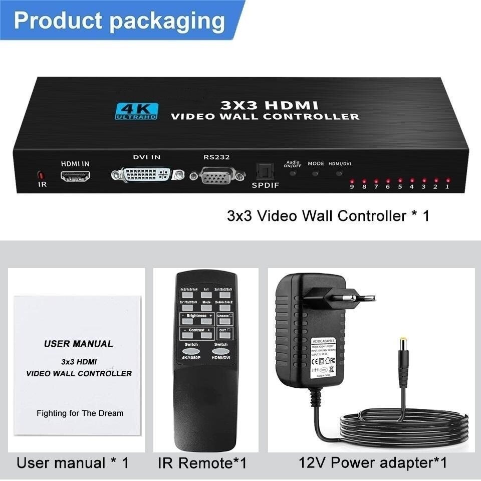 3X3 Video Wall Controller 4K HDMI DVI TV Wall Controller Processor 3x3 ...