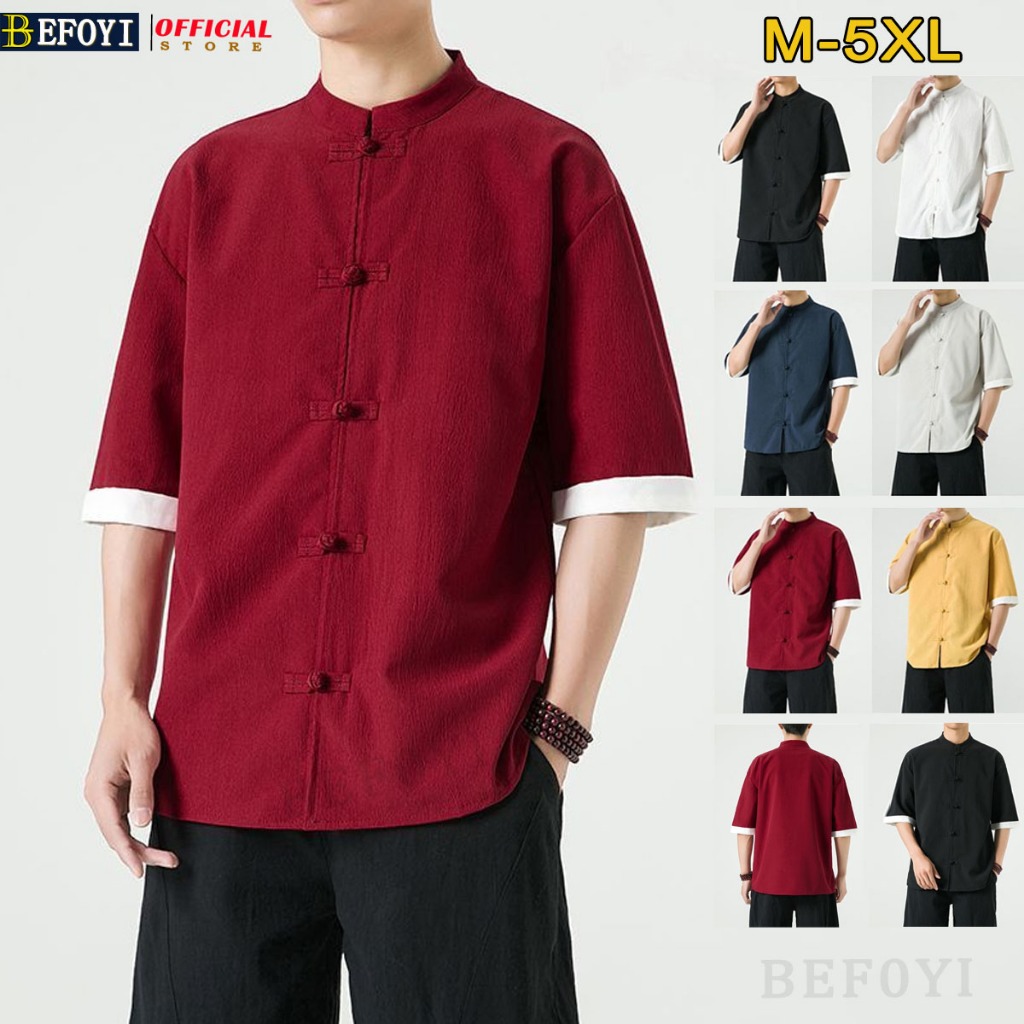 Men's Linen Shirt Tang Style Short Sleeved Chinese Tunic Suit Stand ...
