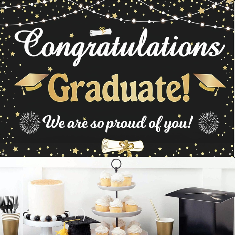 Black Gold Graduation Banner 150*100cm Polyester Happy Graduation ...