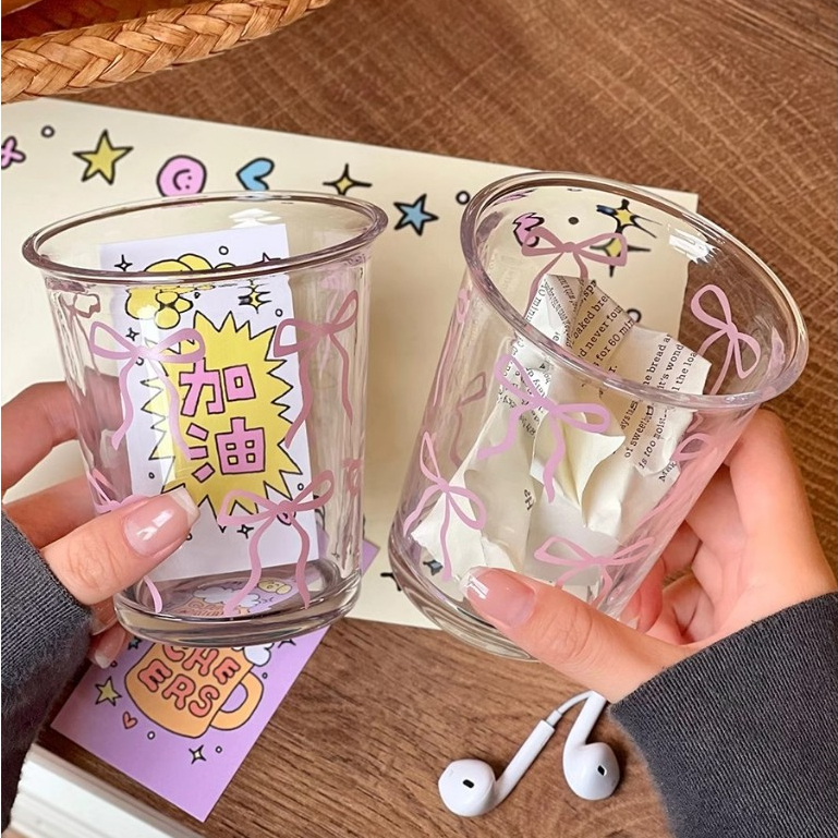 ins Girly bow banderole Cute glass mug Coffee Cold drink cup breakfast ...