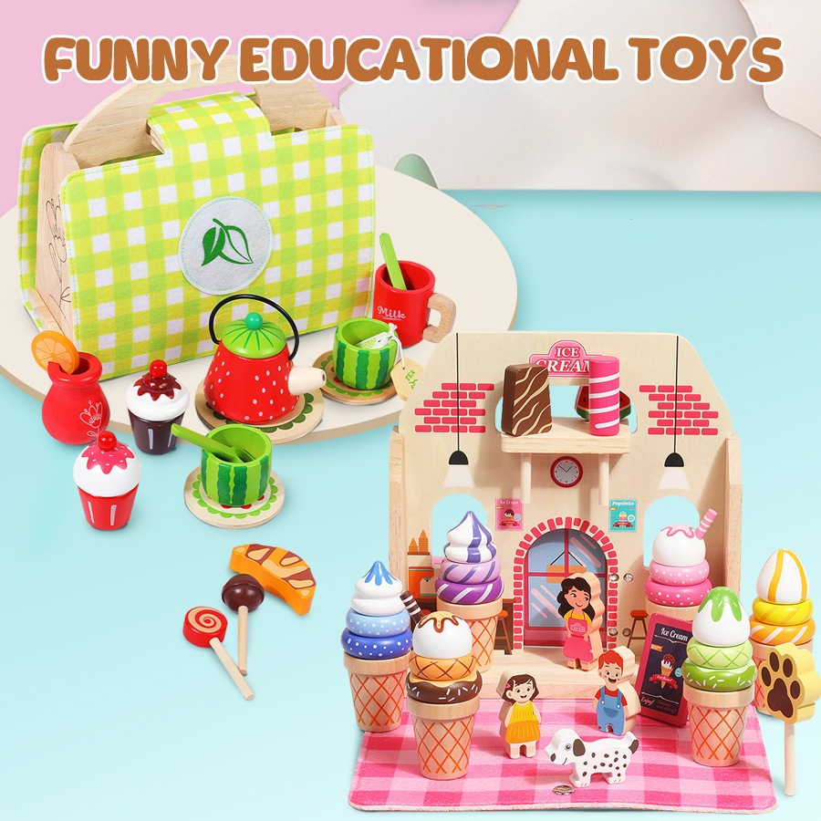Educational Kids Toys Wooden Simulation Ice Cream Afternoon Tea Dessert ...