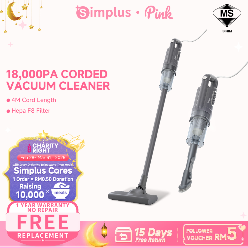 Simplus Pink Vacuum Cleaner 18,000Pa Powerful Suction Handheld & Stick Vacuum HEPA Filter 1kg ...