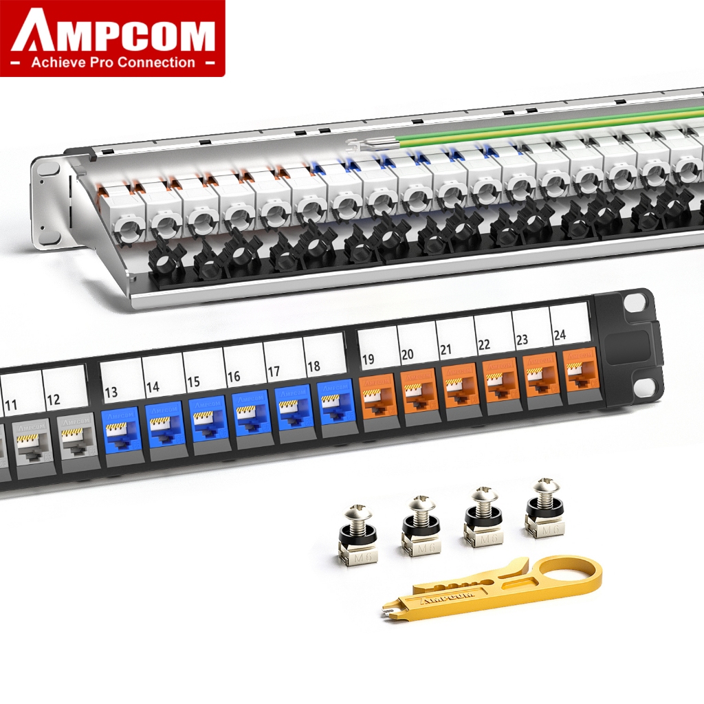 AMPCOM 1U 24-Port UTP Keystone Patch Panel, Rack-Mounted with Rear Cable Management Bar, Full ...