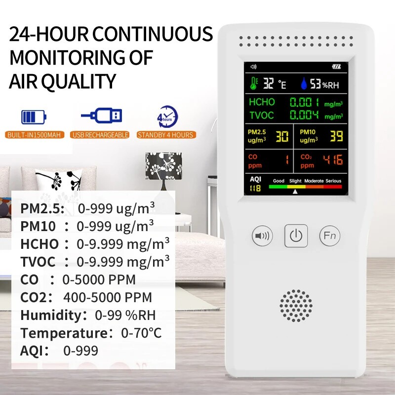 9In1 Air Quality Detector PM2.5 PM10 HCHO TVOC CO CO2 AQI Temperature Humidity Monitor LCD ...