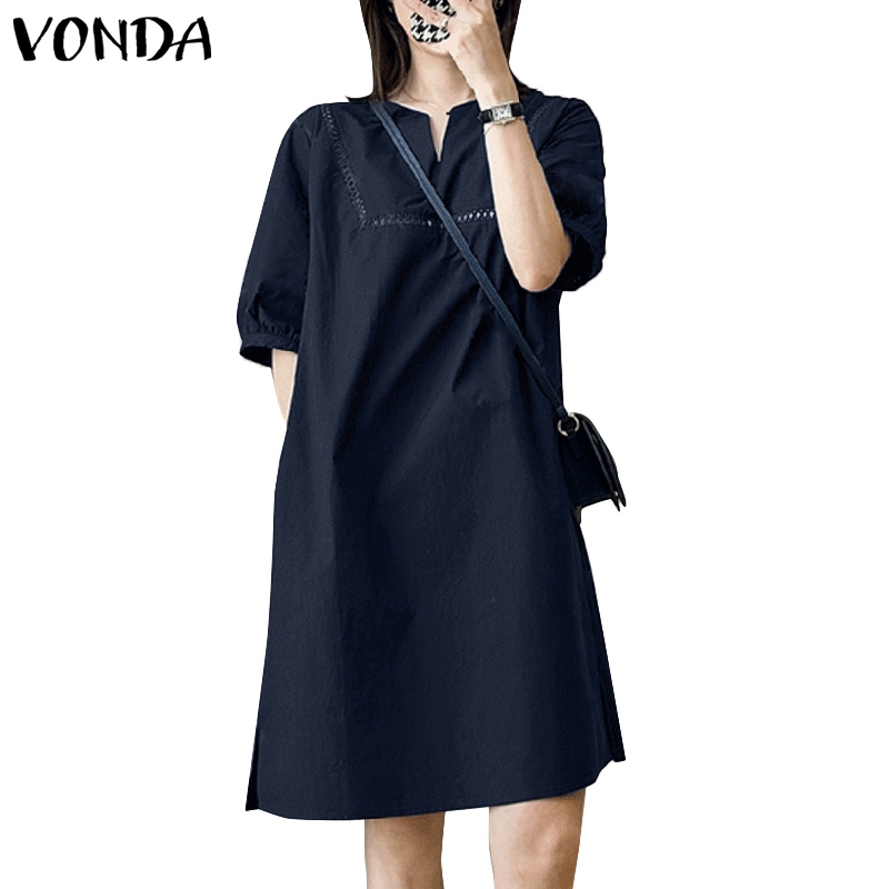 VONDA Women Korean Round Neck Puffed Sleeve Lace Short Dresses | Shopee ...