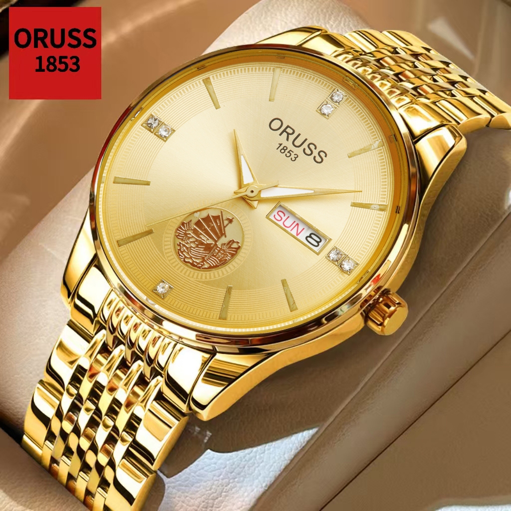 ORUSS Original Men Gold Luxury Stainless Steel Luminous Dual Calendar ...