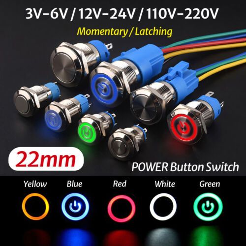 22mm Metal Push Button Switch LED Light With Connector Momentary Reset ...