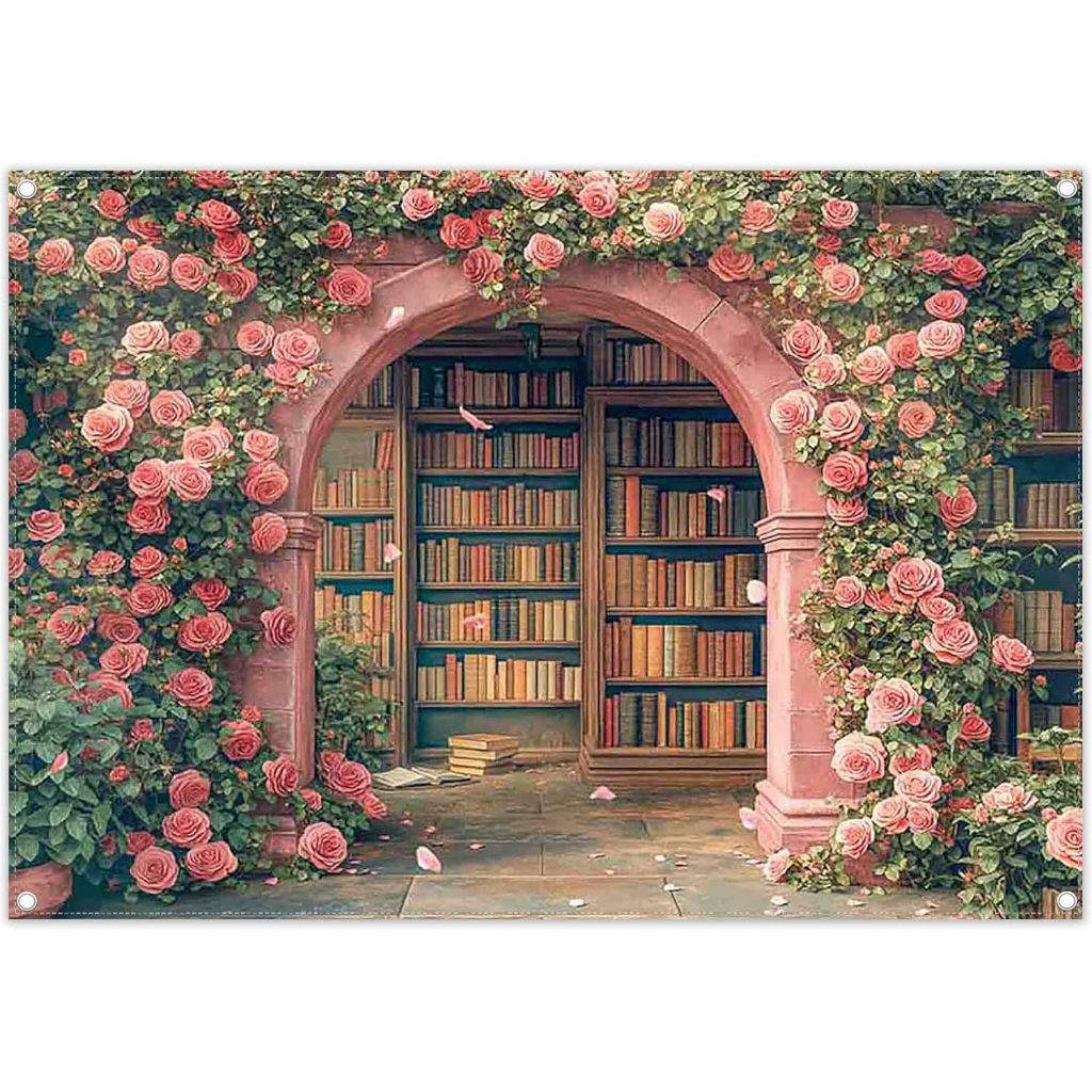 7x5ft Pink Rose Bookshelf Backdrop Vintage Bookcase Pink Arch Floral ...