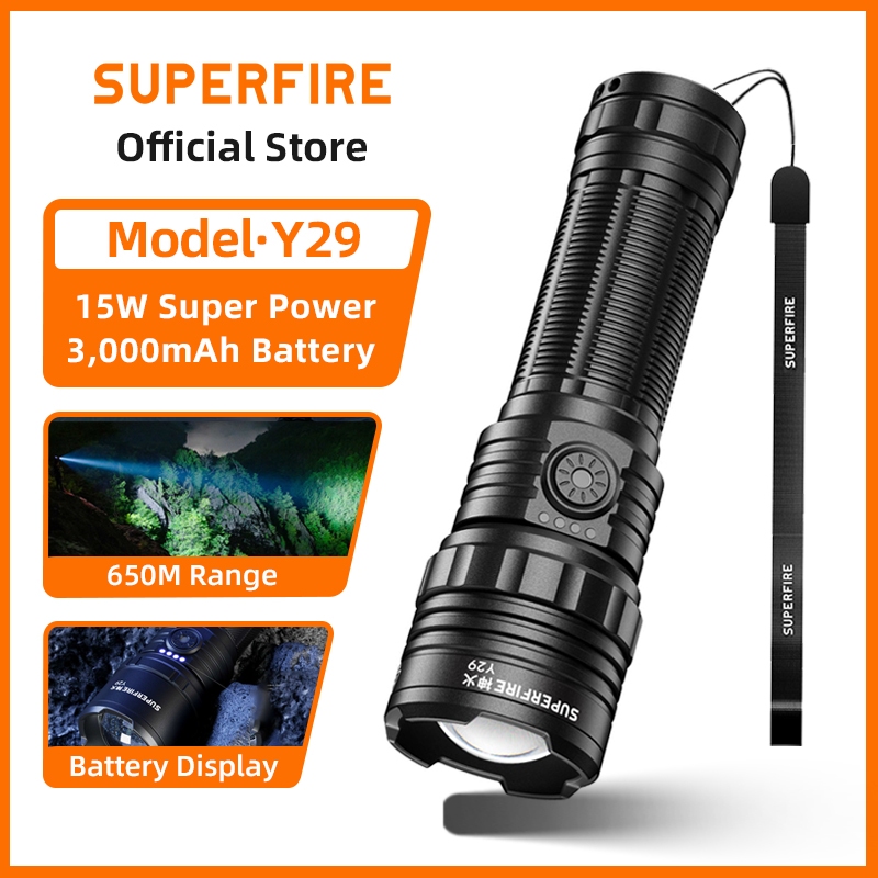 SUPERFIRE Y29 15W LED Zoom Flashlight 650M Super Bright Long-Range Torch Aluminum Alloy Portable ...