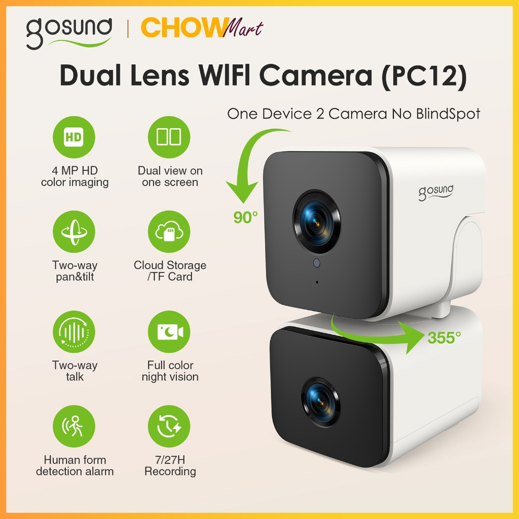 【GOSUND】PC12 Dual Lens WIFI Camera No Blind Spot Two-way pan&tilt Full ...