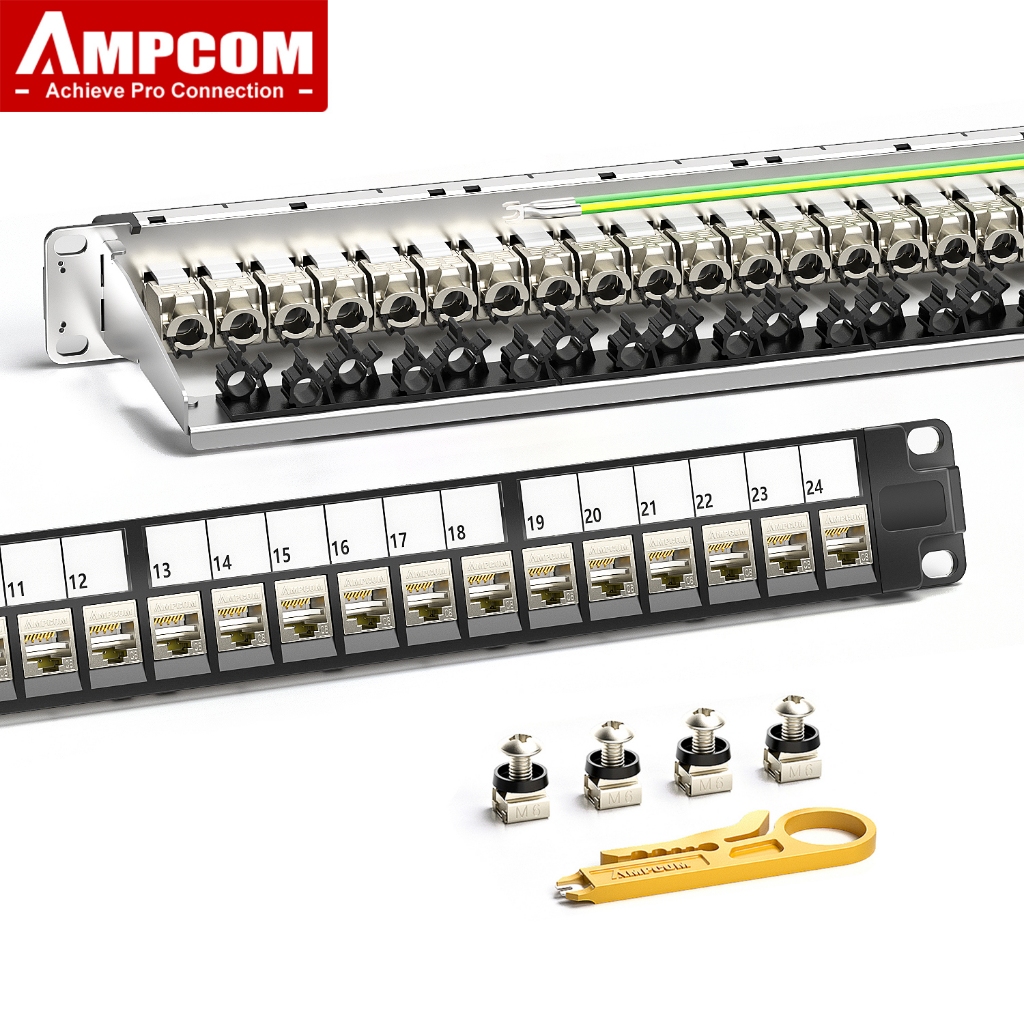 AMPCOM 1U 24-Port STP Keystone Patch Panel, Rack-Mounted with Toolless ...