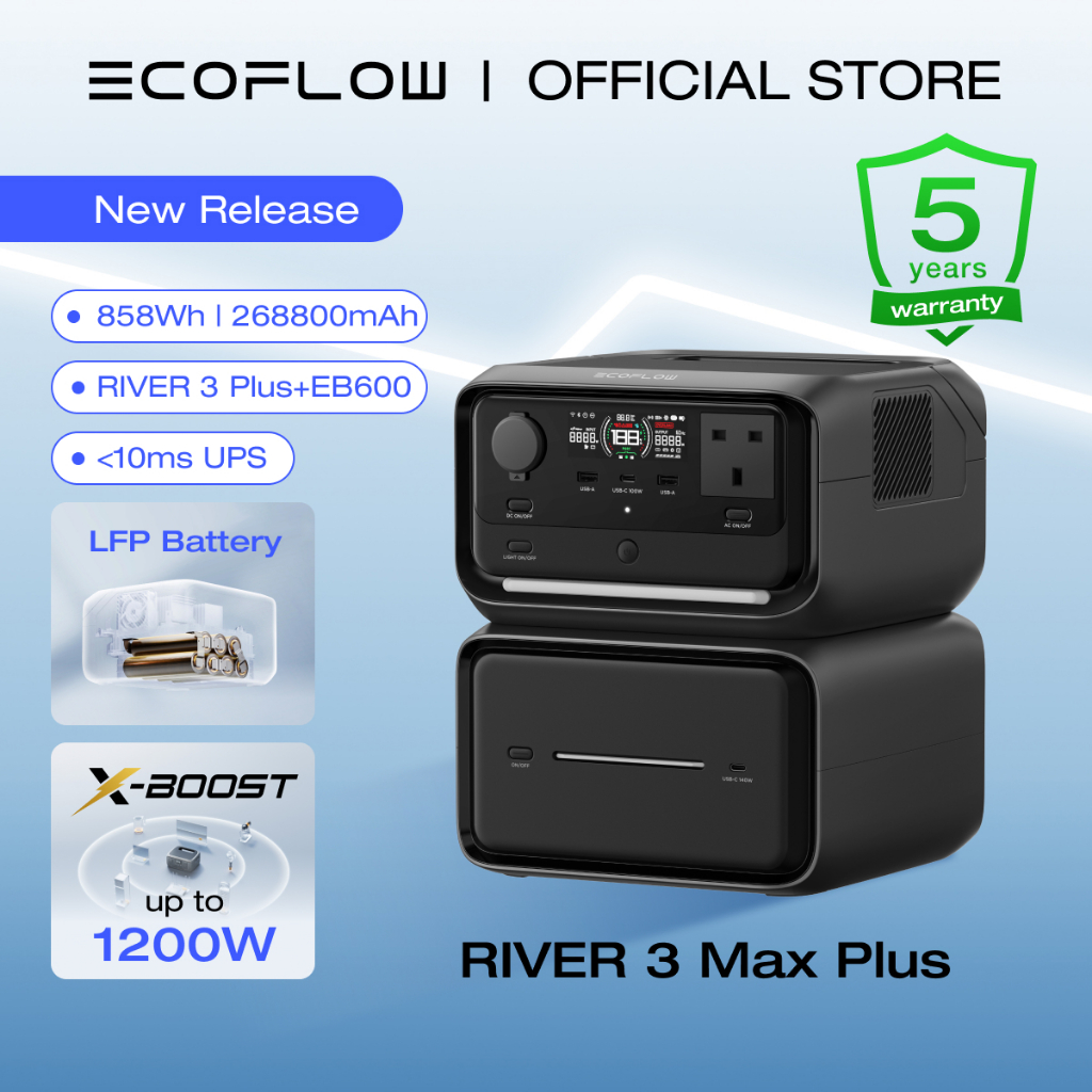 EcoFlow RIVER 3 Max Plus (RIVER 3 Plus&EB600) Portable Power Station – 858Wh LFP Battery, 1200W ...