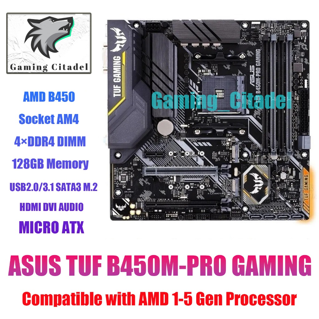 Used ASUS TUF B450M-PRO GAMING MATX DDR4 Motherboard Compatible with AMD 1-5 Gen Processors ...