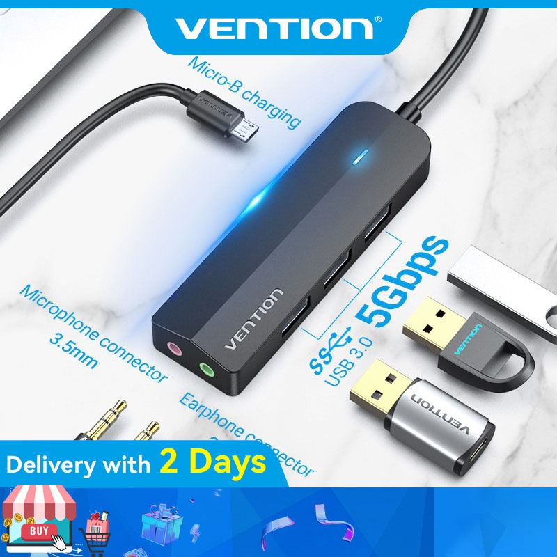 Vention USB 3.0 Hub with Built-in Sound Card, 3-Port High Speed 5Gbps ...