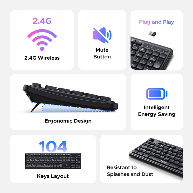 UGREEN 2.4G Wireless Slient Keyboard Ergonomic Design 10M Transmission ...