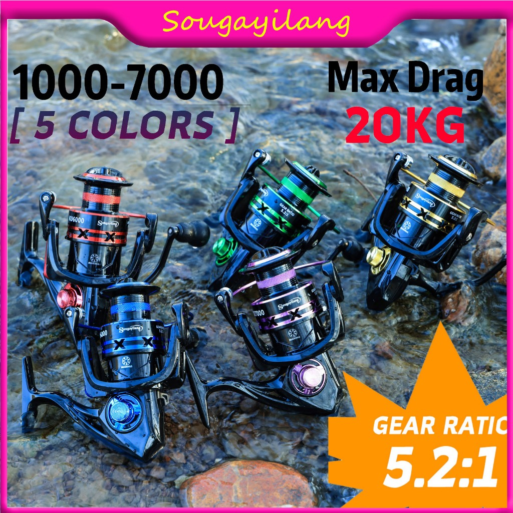 Sougayilang Spinning Fishing Reel 20KG Max Drag 5.2:1 Gear Ratio 1000 ...