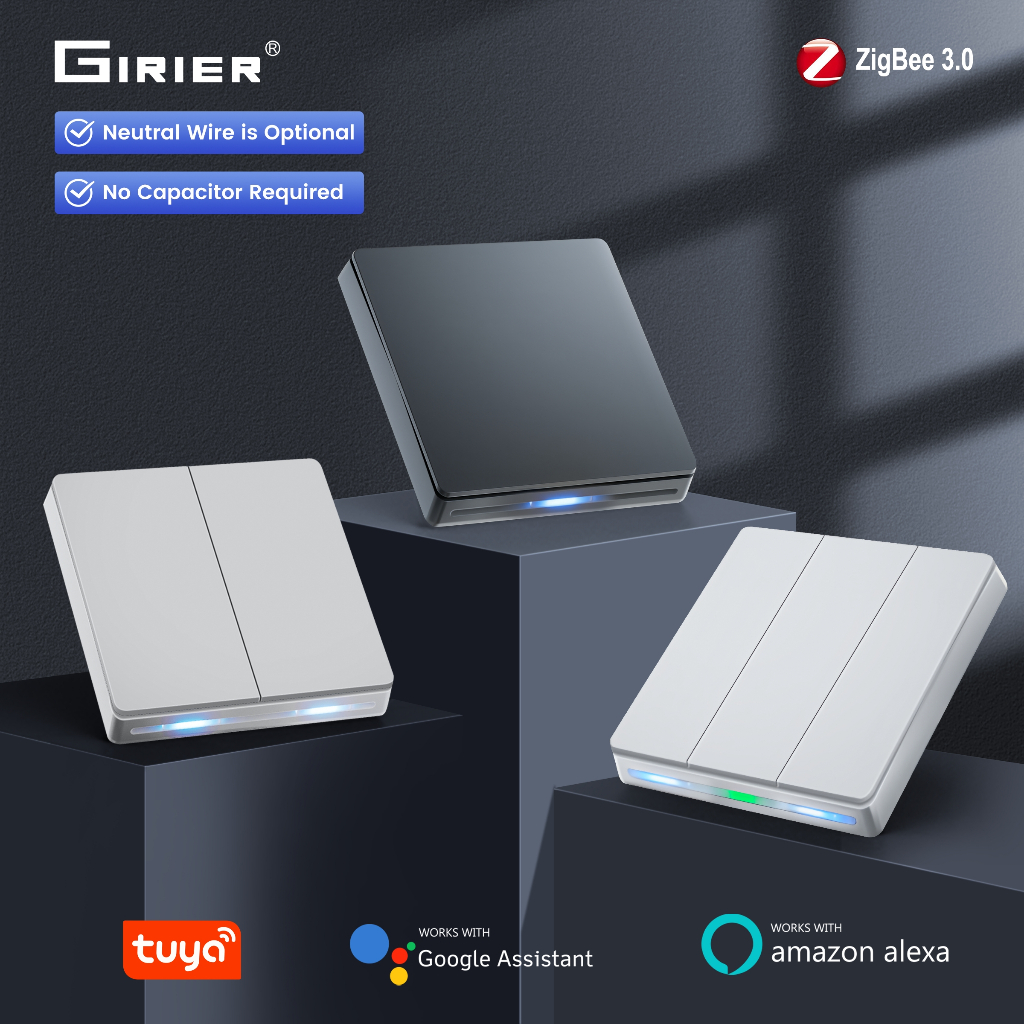 GIRIER ZigBee Wall Switch Tuya Smart Button Light Switches 1/2/3/4 Gang No Capator Needed ...