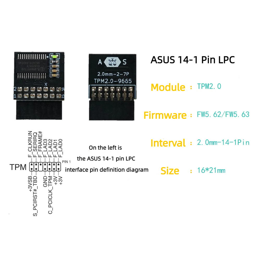 14-1 Pin TPM 2.0 Module 2.0mm for ASUS Motherboard Chip DIY Updating ...