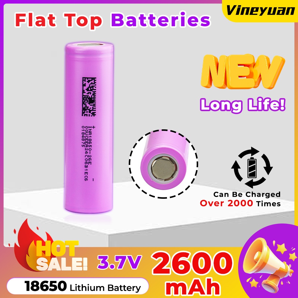 New 18650 Rechargeable Lithium Battery 3.7V 2600mAh Flat Top Batteries for LED Flashlight ...