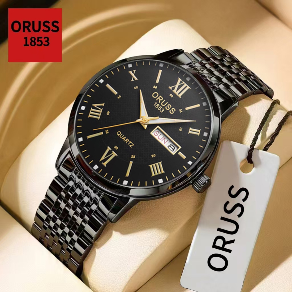 ORUSS Original Men Luxury Dual Calendar Stainless Steel Luminous Black ...