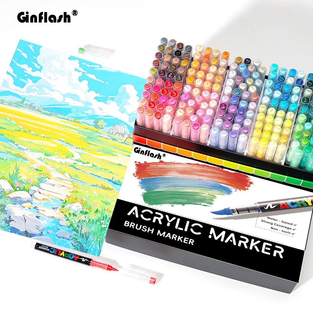 Ginflash Acrylic Markers Brush Tip 24~72 color Calligraphy brush Artist ...