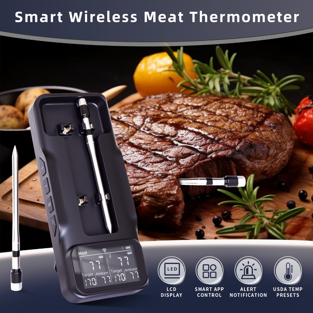 Wireless Meat Thermometer 2 Probes Bluetooth Grill Thermometer LCD ...