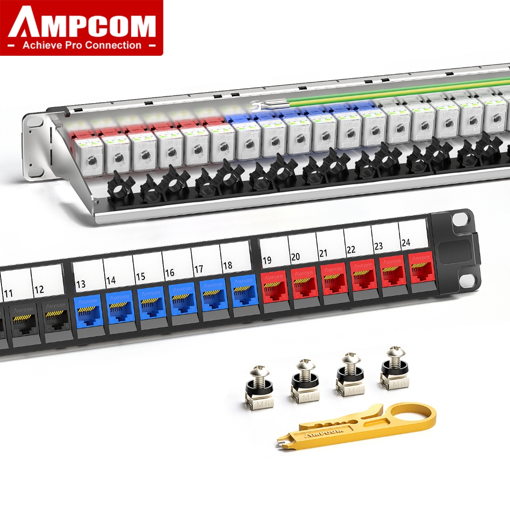 AMPCOM 1U 24-Port Keystone Patch Panel, UTP/STP Rack-Mounted with Rear ...