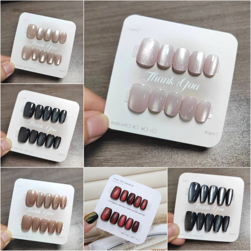 【Handmade】 10 Pcs of Short Fake Nails with Cat Eye Design, Solid Color ...