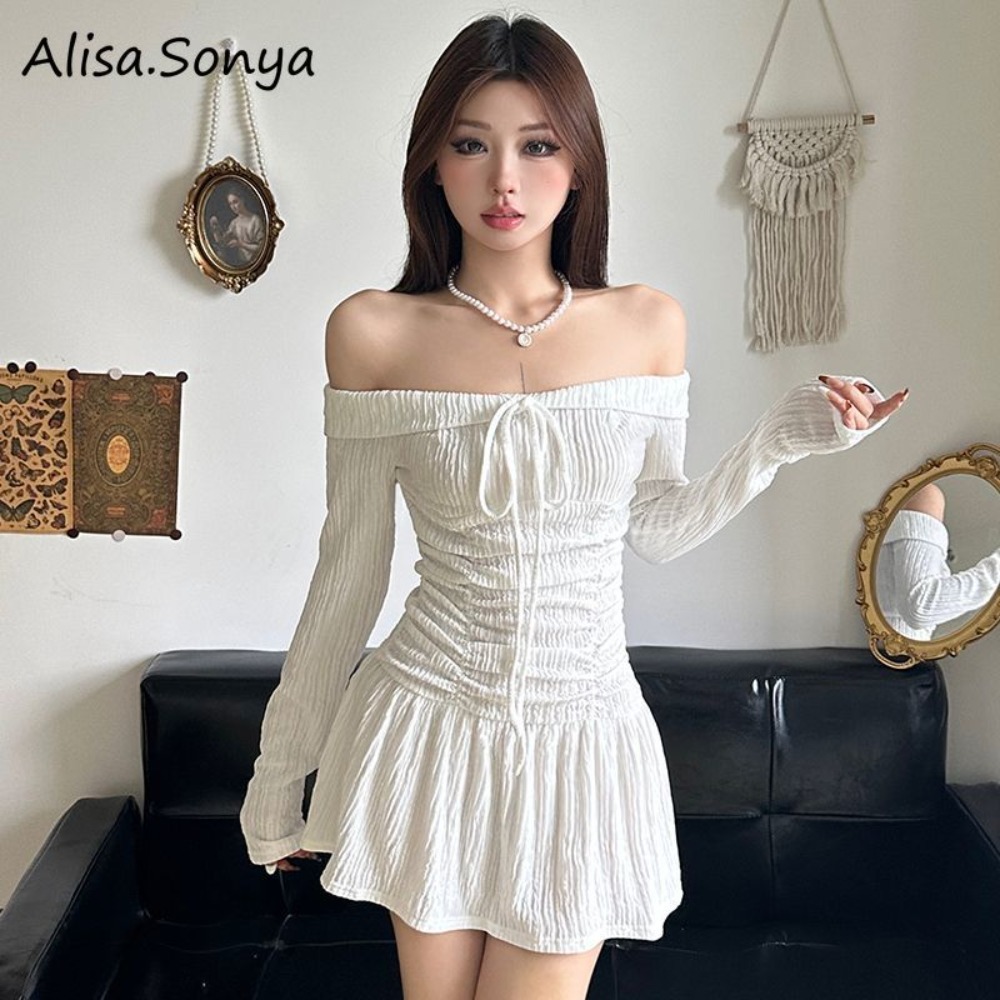 Alisa.Sonya French Style Elegant Pleated Dress for Women Off Shoulder ...