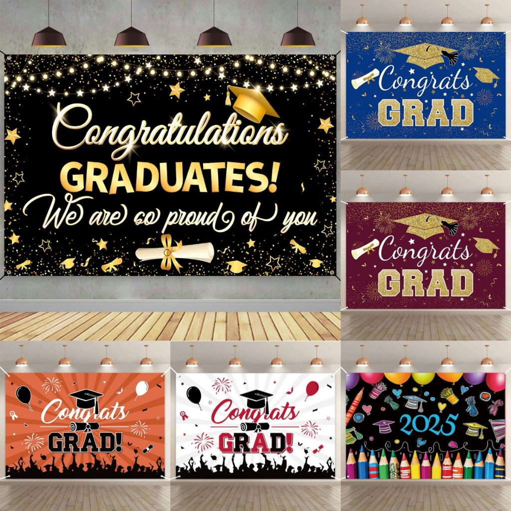 【2025】Multiple Color Congratulation Graduates Backdrop Black Gold ...