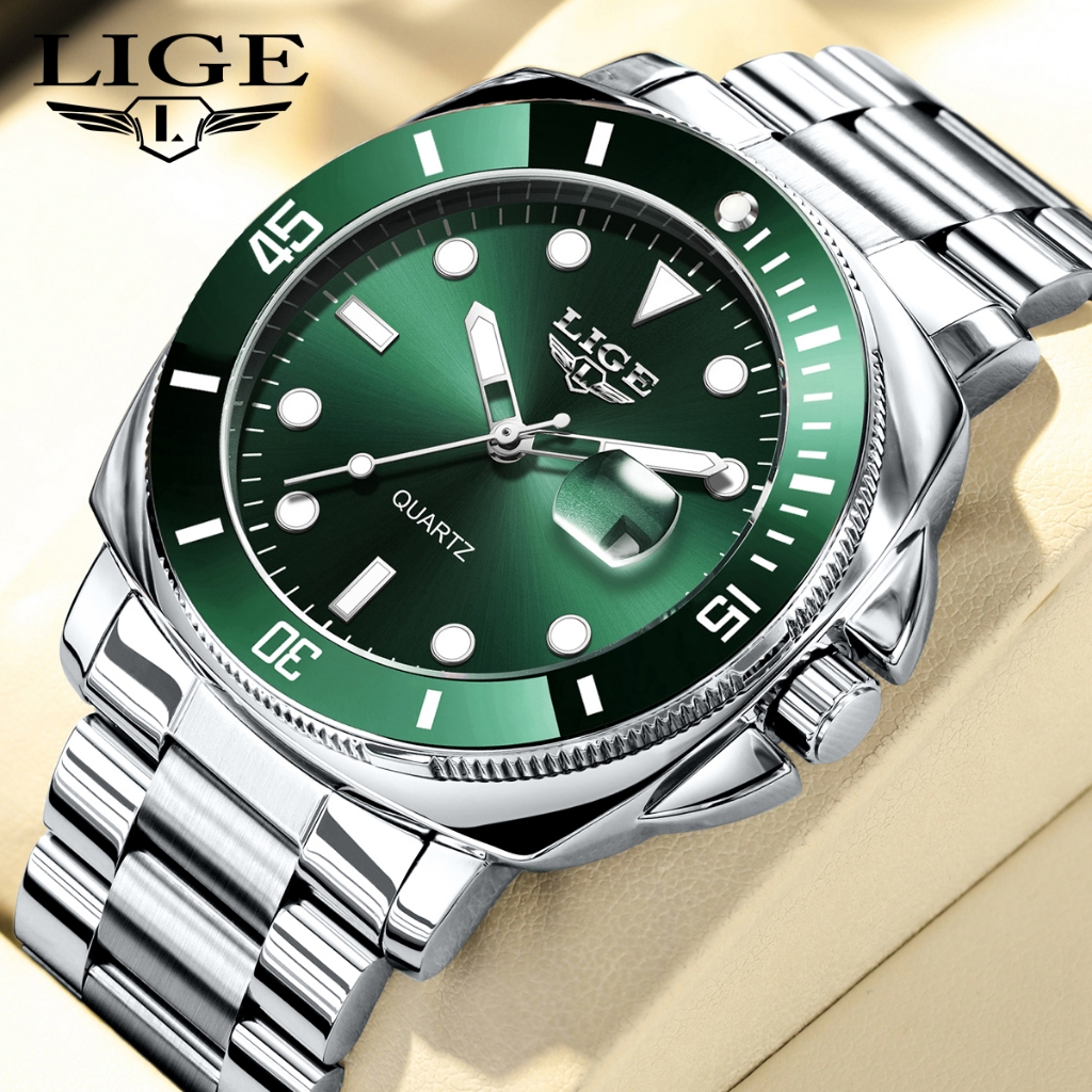 LIGE Classic Mens Watch Quartz Green Ghost Diver Series Stainless Steel ...