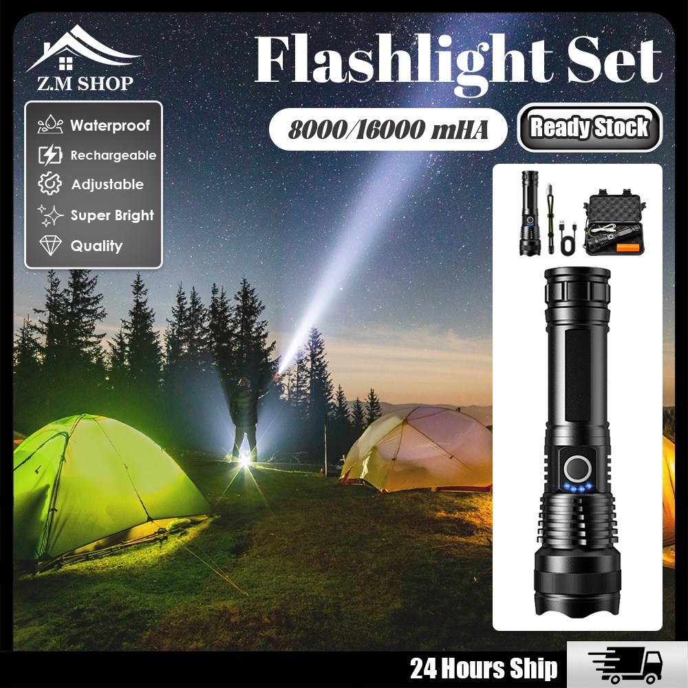 8000/16000 MAh Super Bright Rechargeable Flashlight Set,Lampu Suluh,LED ...