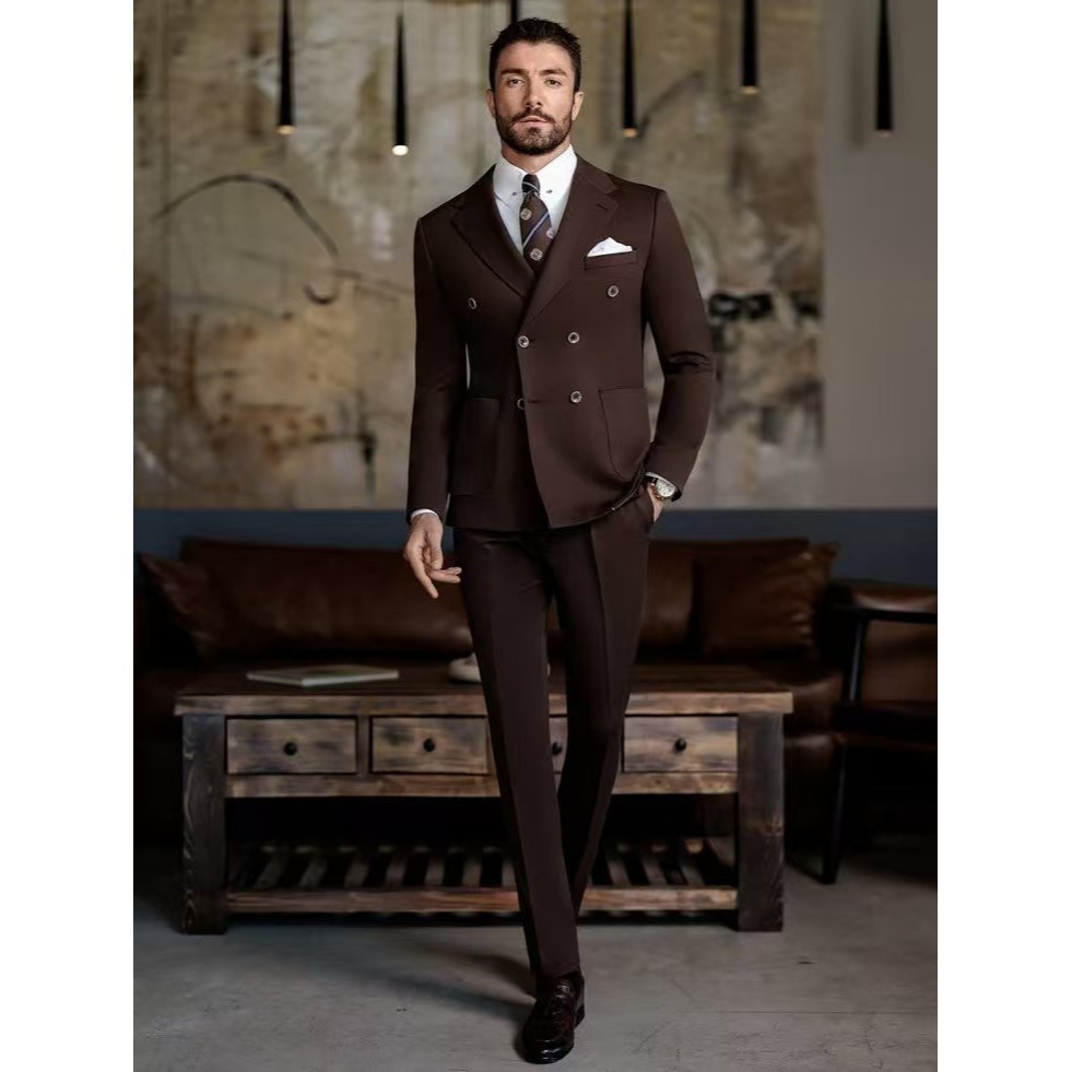 2 Piece Men Brown Double Breasted Suit Notch Lapel Groom Tuxedos ...