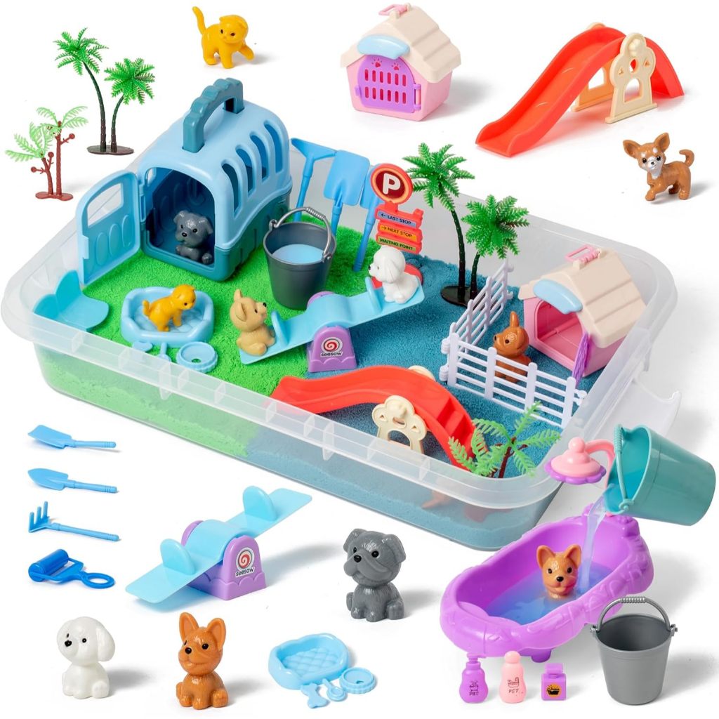 Pet Sensory Bin with 2 Color of Moldable Sensory Sand,Pet Play Set and ...