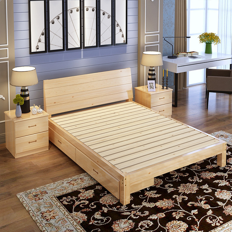 Solid Wood Bed Frame With Headboard Wooden Bed Kayu Rangka Bedroom ...