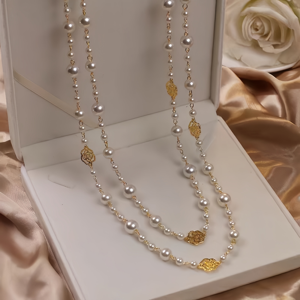 Luxury Crystal Flower Pearl Layered Necklace Fashionable New Women's Long Necklace for Daily ...