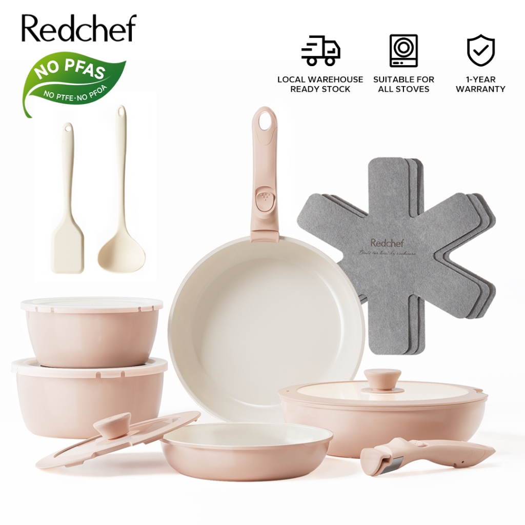 Redchef Nonstick Ceramic Rock Cookware Set Handle Removable (16Pcs) Non ...