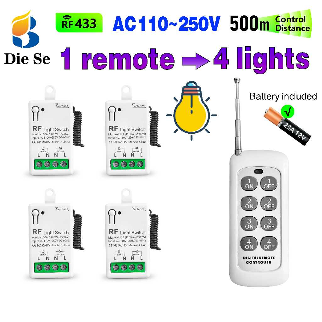 4 channel RF 433Mhz Wireless Remote Control Switch, AC 110V 220V 10A ...