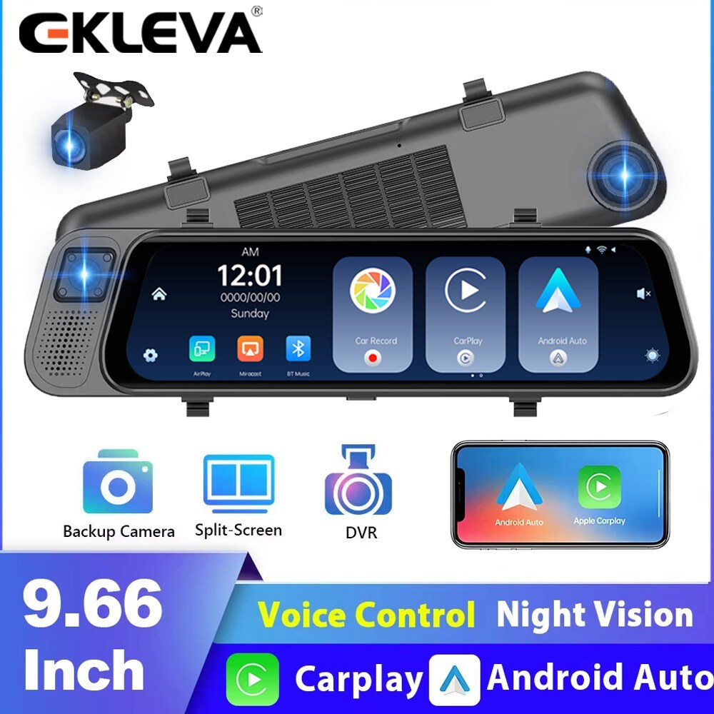 EKLEVA 2K+1K+1K 3 Cameras Carplay Android Auto Dash Cam Stream RearView Mirror Navi 5G WIFI Car ...