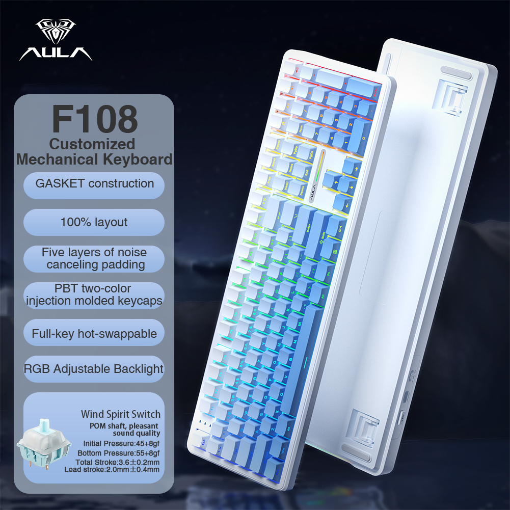 AULA F108 Customized Mechanical Keyboard 108 keys Tri-mode Hot swappable RGB light PBT Keycap ...