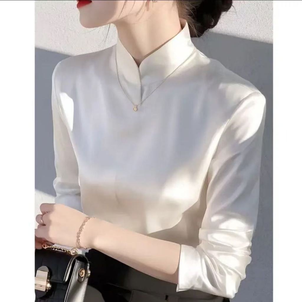 Korean Style Women Ladies Loose Satin Stand Collar Long Sleeve Shirt ...