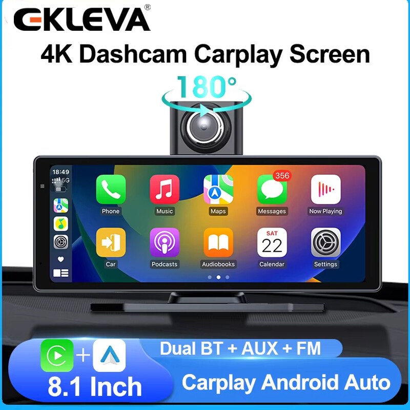 EKLEVA 8.1" Dash Cam 4K Carplay & Android Auto Car DVR Video Drive Recorder Stream Dahscam 180 ...