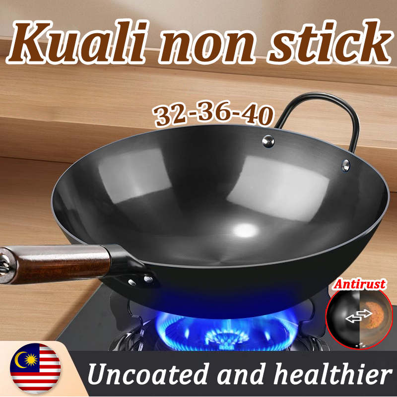 【32/36/40cm】Traditional kuali non stick wok Uncoated Does not rust Cast ...