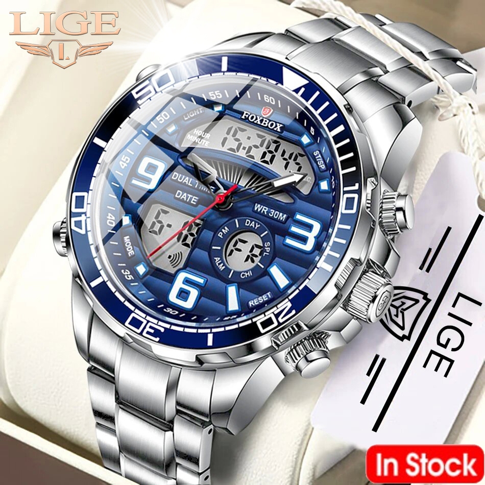 LIGE Fashion Jam Tangan Lelaki Digital Luminous Steel Watch Men's Sport ...