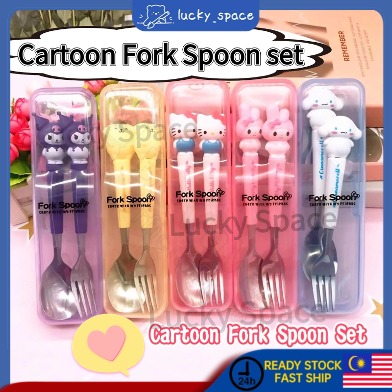 Kuromi Kids Stainless Steel Spoon Fork Set With Box Sanrio Cinnamoroll ...