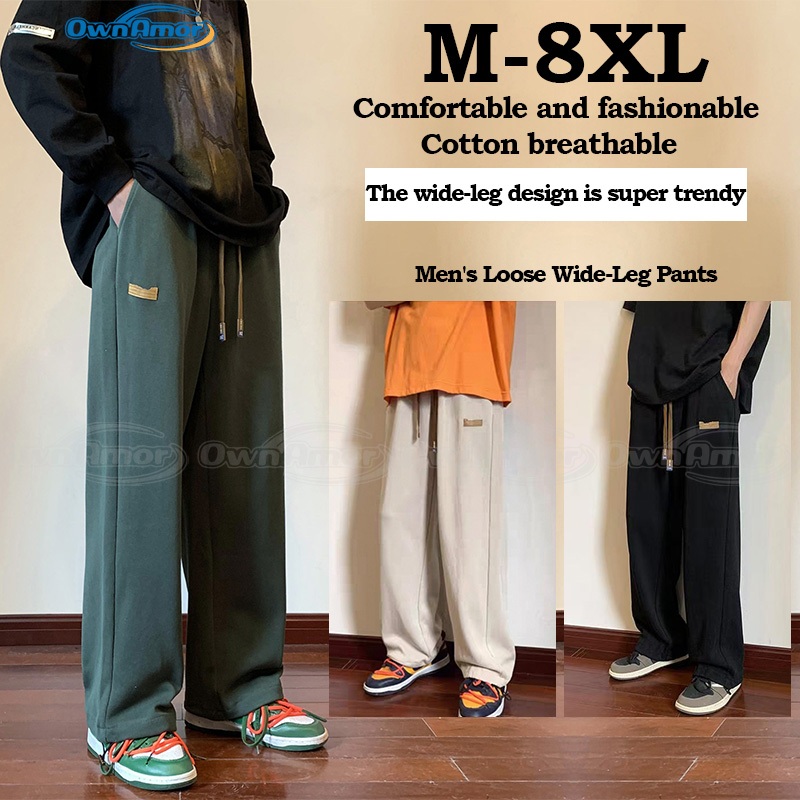 【M-8XL】Plus Size Men Loose Pants Cotton Waffle Pants Wide Leg Trendy Seluar Waffle Lelaki Baggy ...