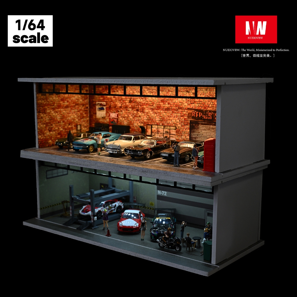 NUEIOVRW 1/64 Scale Diorama Car Garage Model LED Lighting Vintage City ...