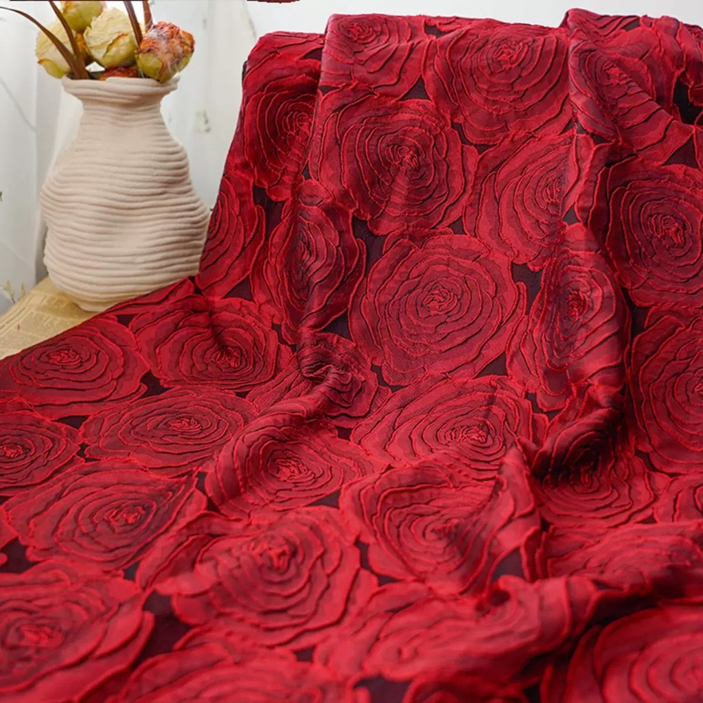 [1 Meter]Dark red rose flower yarn-dyed jacquard fabric Floral Texture ...