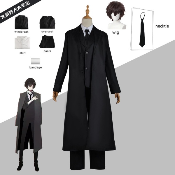 Dazai Cosplay Black Trench Jacket Pantsbandage wig Outfits Uniform ...