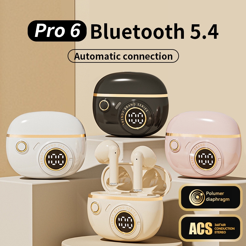 Pro6 wireless earphones Bluetooth 5.4 digital display ACS stereo noise ...
